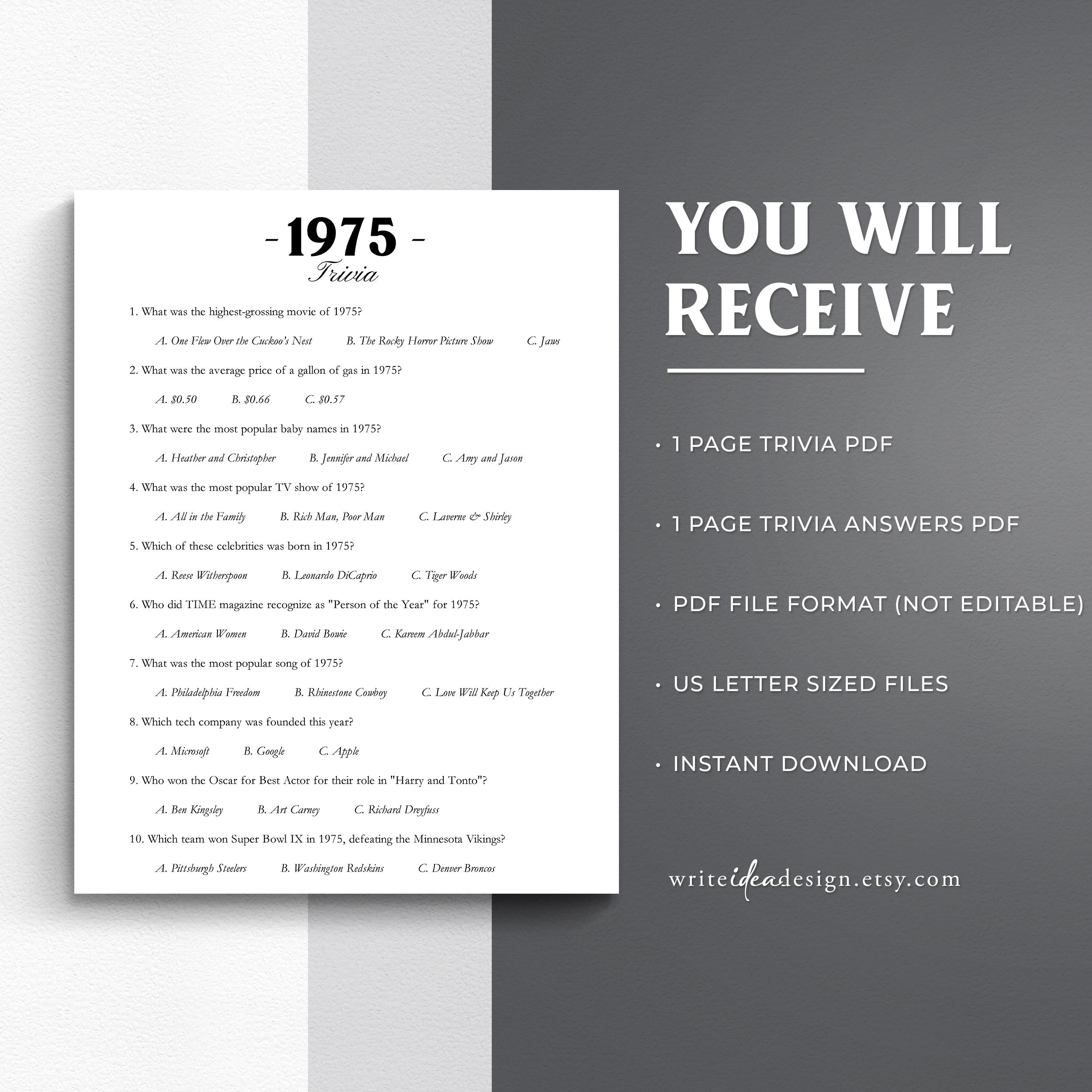 1975 Trivia Game: Retro 70s Party Quiz (printable PDF) - Etsy