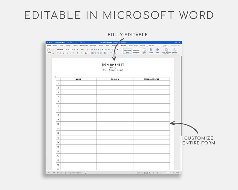Editable Sign up Sheet. Pdf/google Docs/microsoft Word. Sign - Etsy