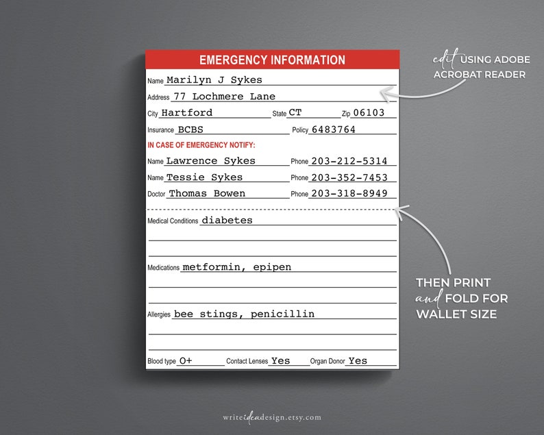 Printable Emergency Information Cards. Medical Alert ID. Medical Alert ...