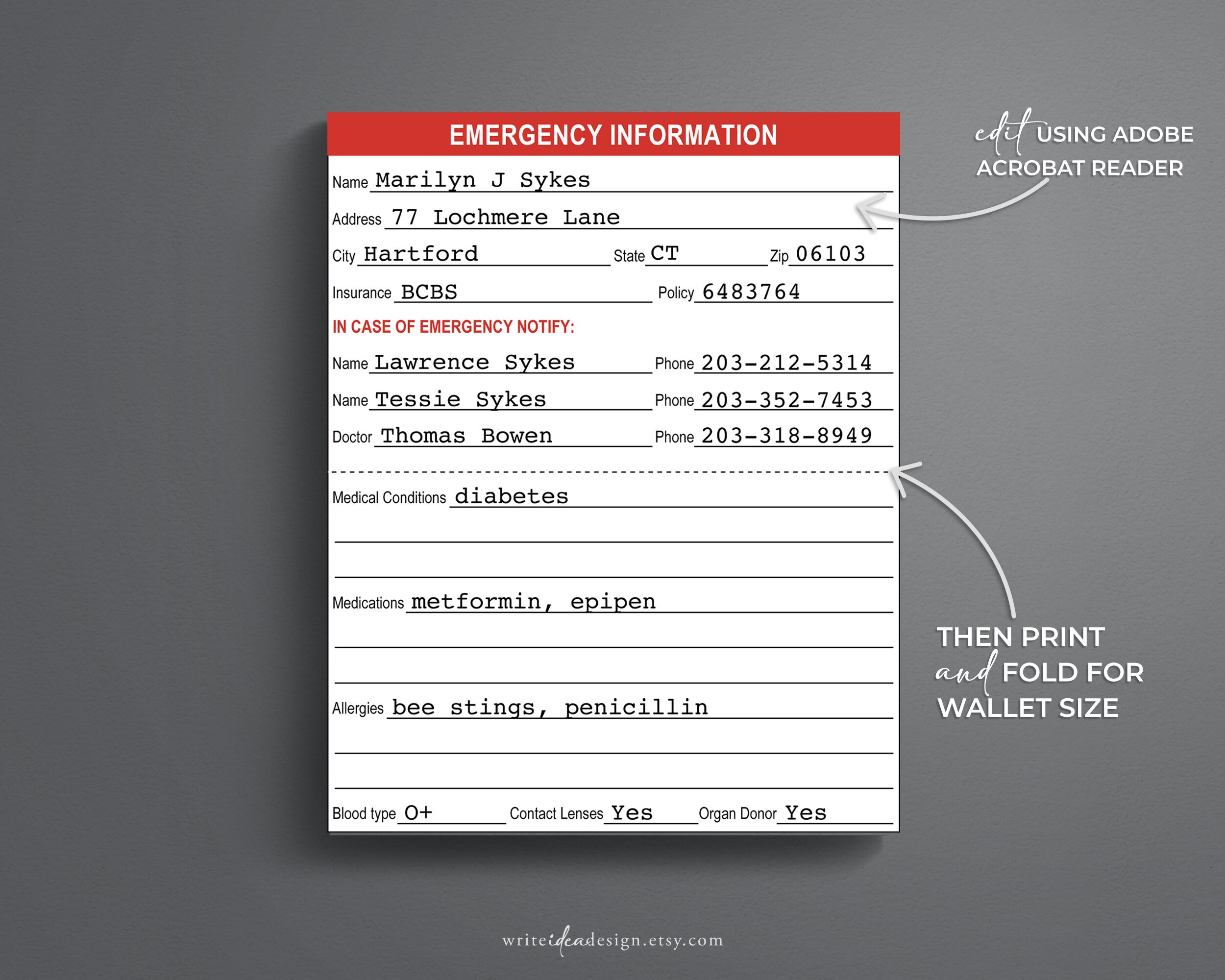 Printable Emergency Information Cards. Medical Alert ID. Medical Alert ...