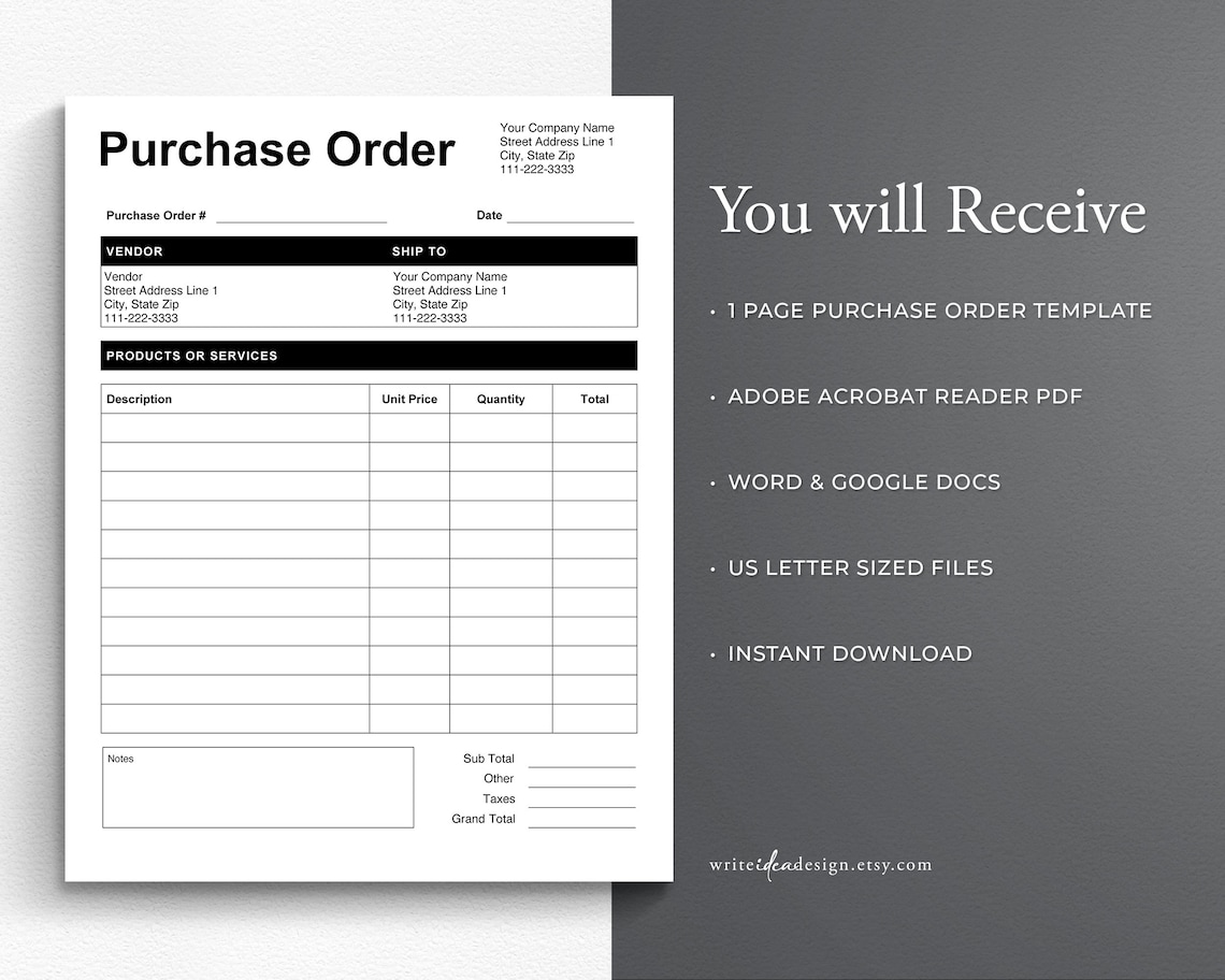 Purchase Order Template. Pdf/google Docs/microsoft Word. - Etsy