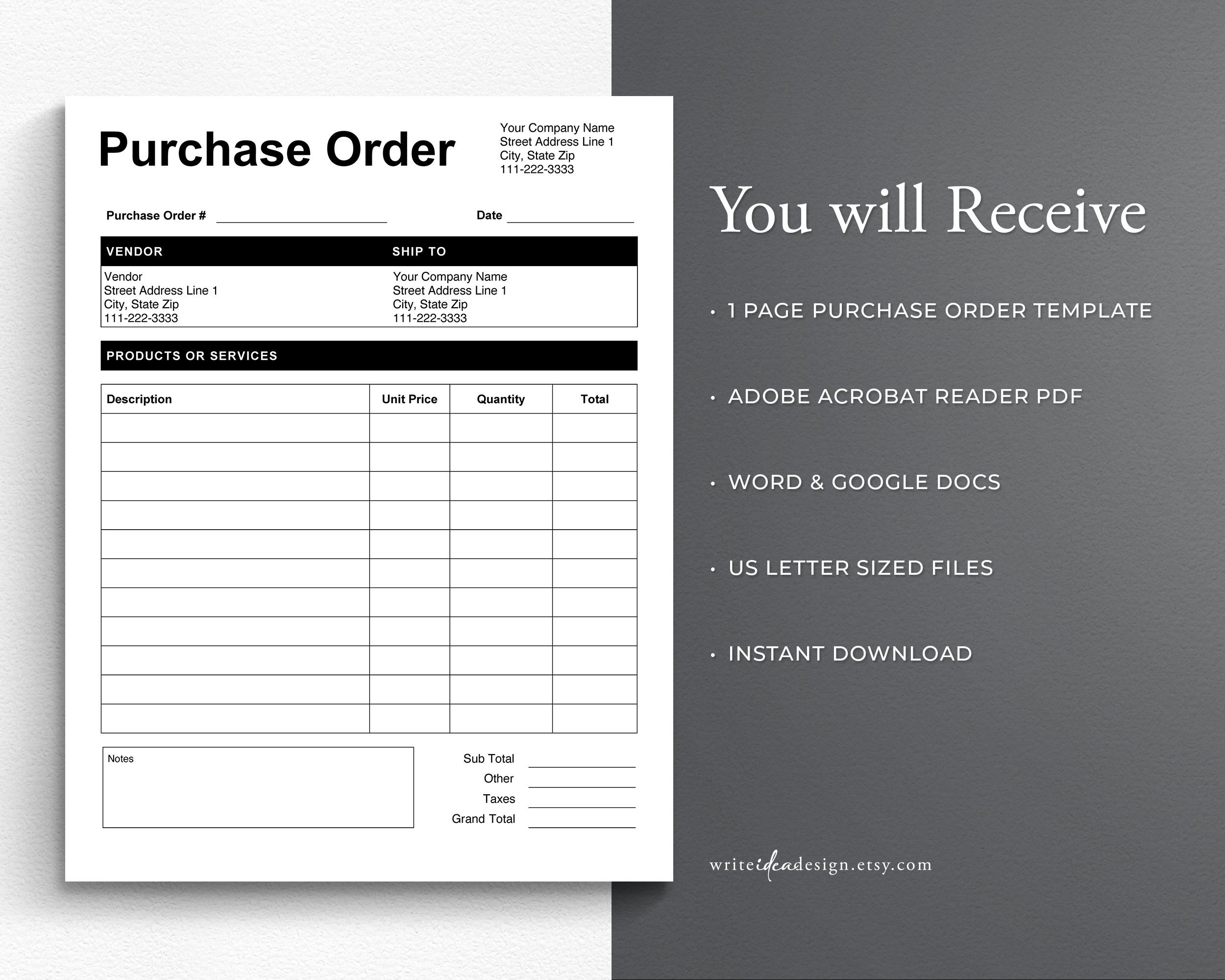 Purchase Order Template. Pdf/google Docs/microsoft Word. - Etsy
