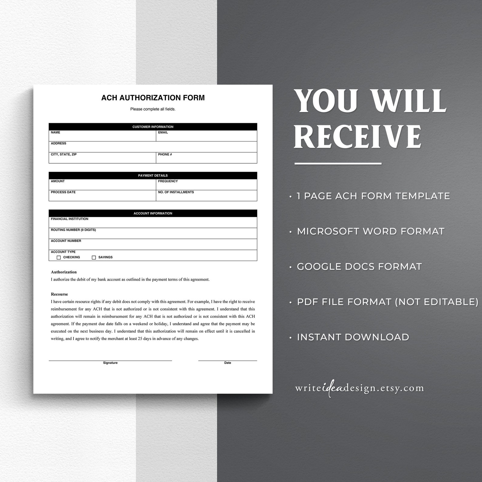 ACH Authorization Form Template - Debit Authorization for Payment ...
