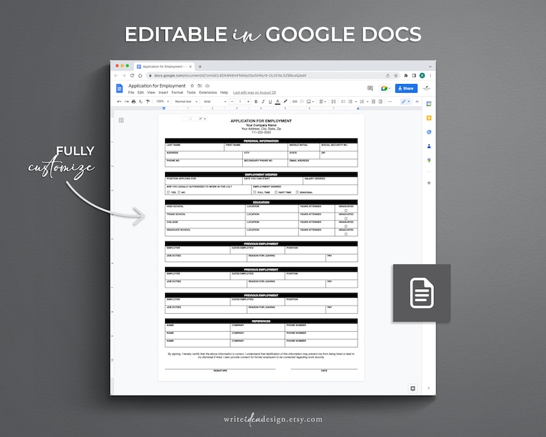 Job Application. Pdf/google Docs/microsoft Word. Employee Application ...