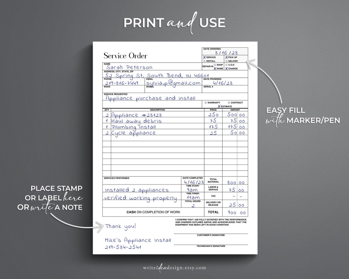 Printable Service Order Form: Business Template (8.5x11 Inch PDF) - Etsy
