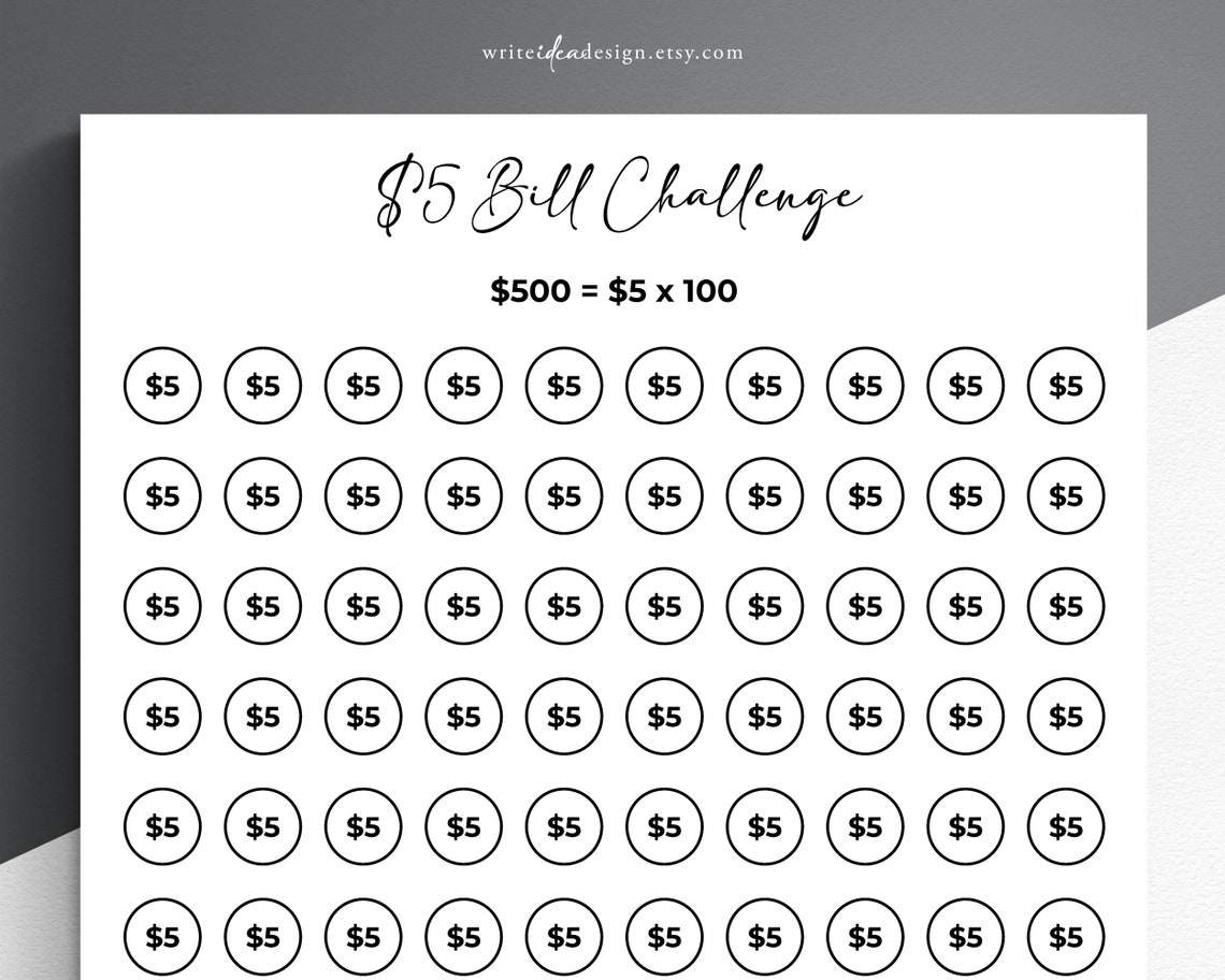 5 Dollar Bill Challenge Printable - Save 500. Savings Challenge. Money ...
