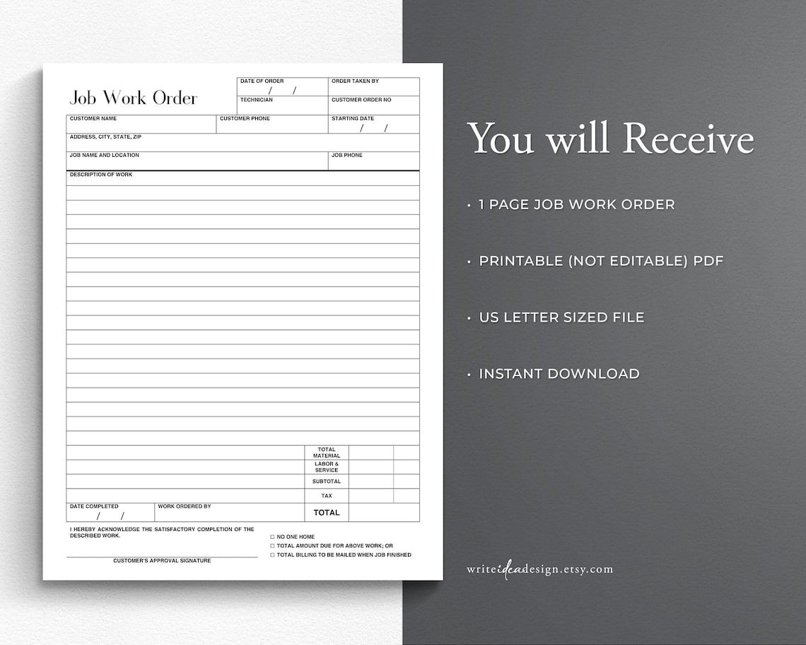 Printable Job Work Order Form: Small Business Template (US Letter) - Etsy