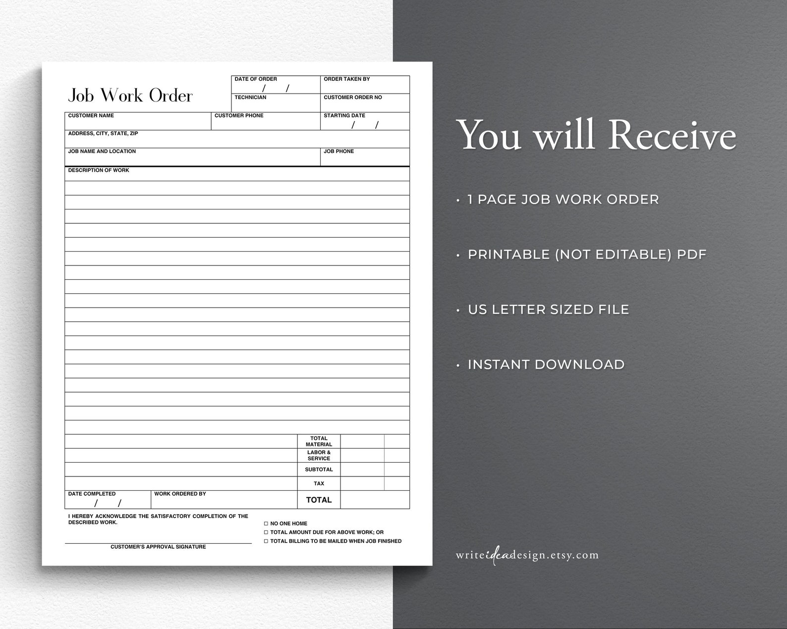 Printable Job Work Order Form: Small Business Template (US Letter) - Etsy