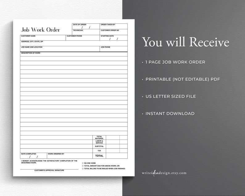 Printable Job Work Order Form. Business Job Work Order. Easy - Etsy UK