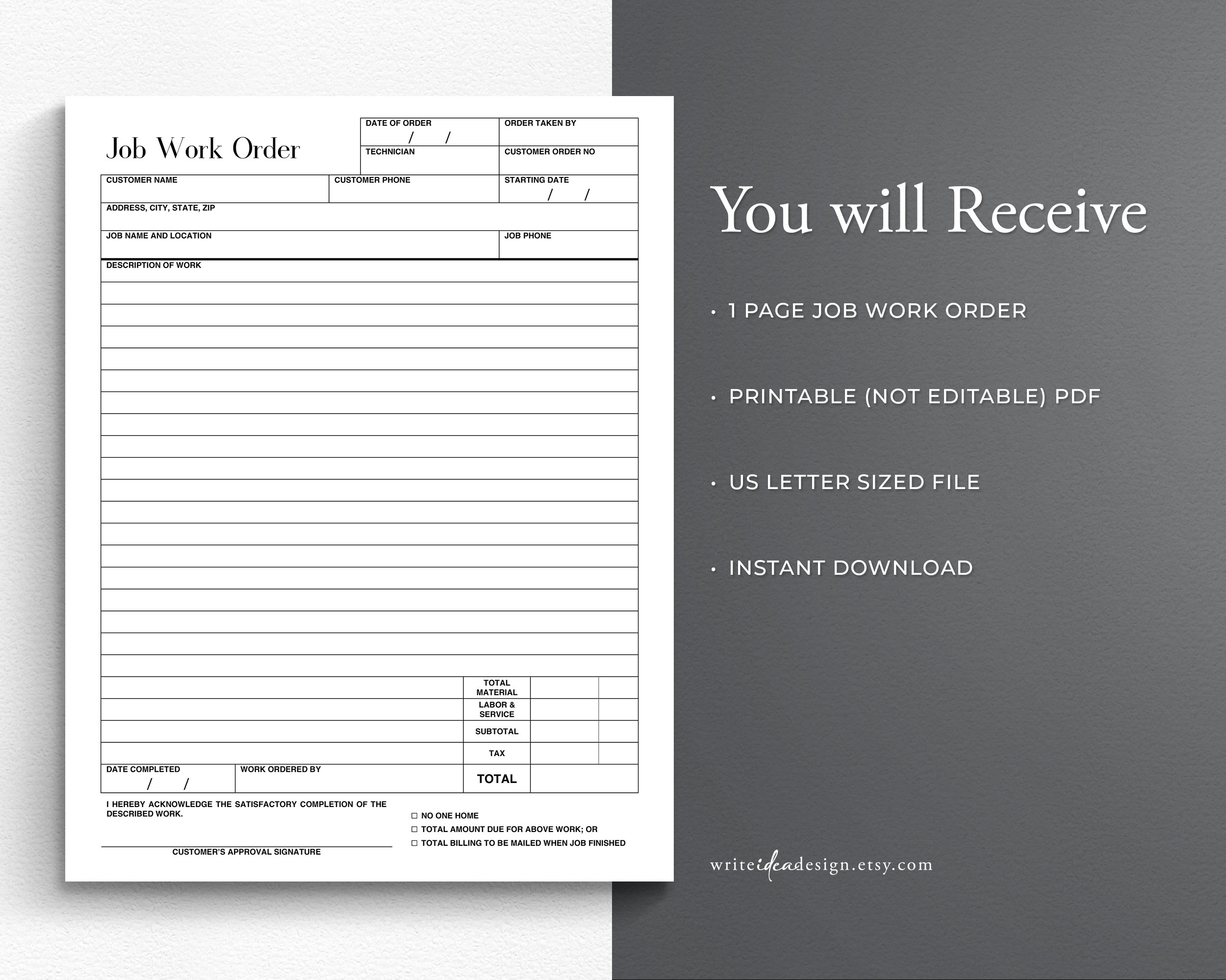 Printable Job Work Order Form. Business Job Work Order. Easy - Etsy ...