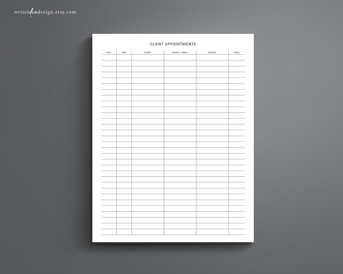 Client Appointment Tracker. Printable Appointment Log. - Etsy