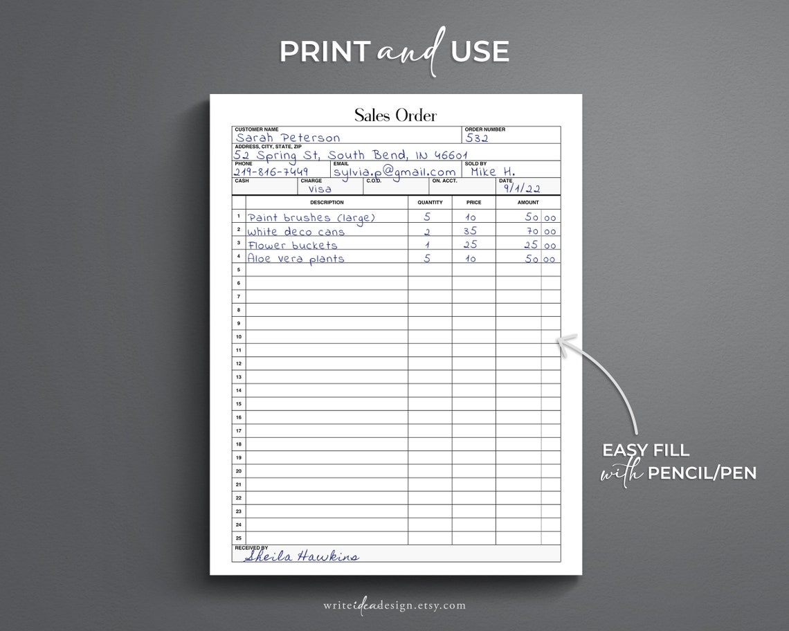 Printable Order Template. Order Form. Sales Order Template. - Etsy