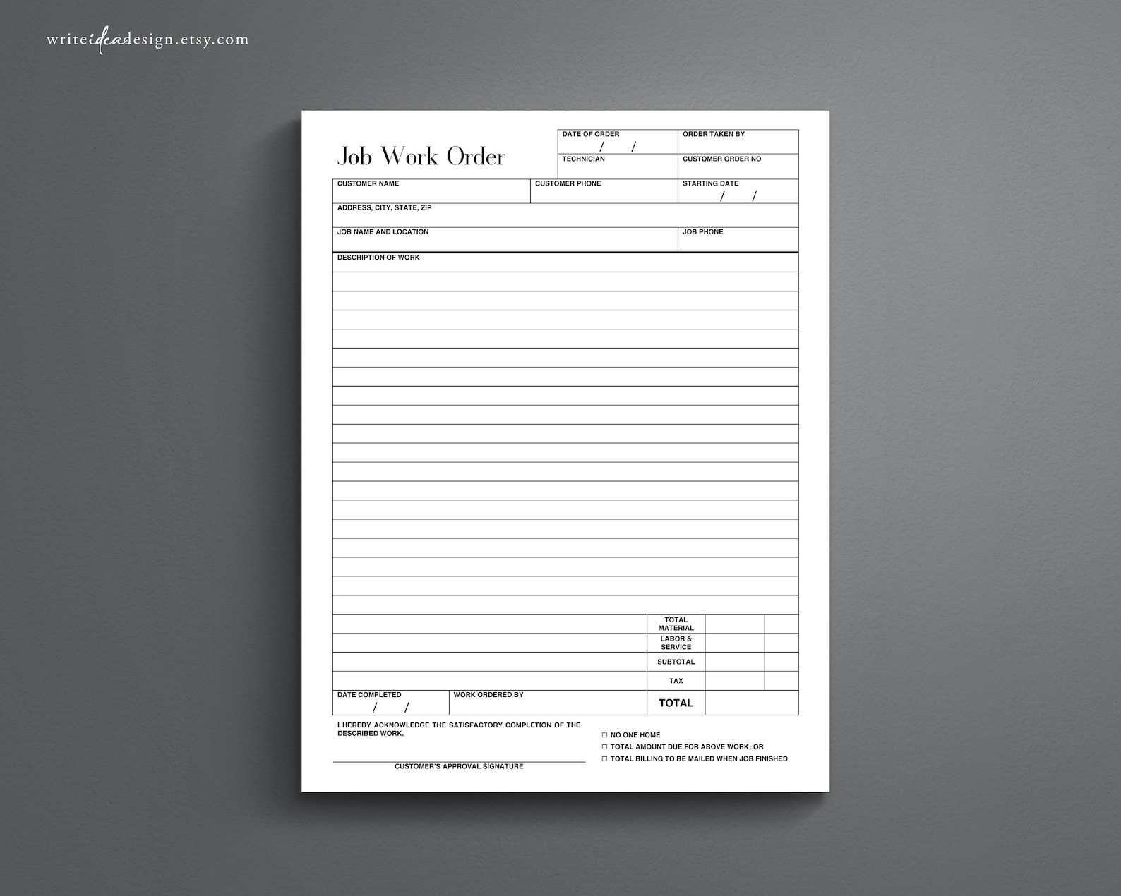 Printable Job Work Order Form: Small Business Template (US Letter) - Etsy
