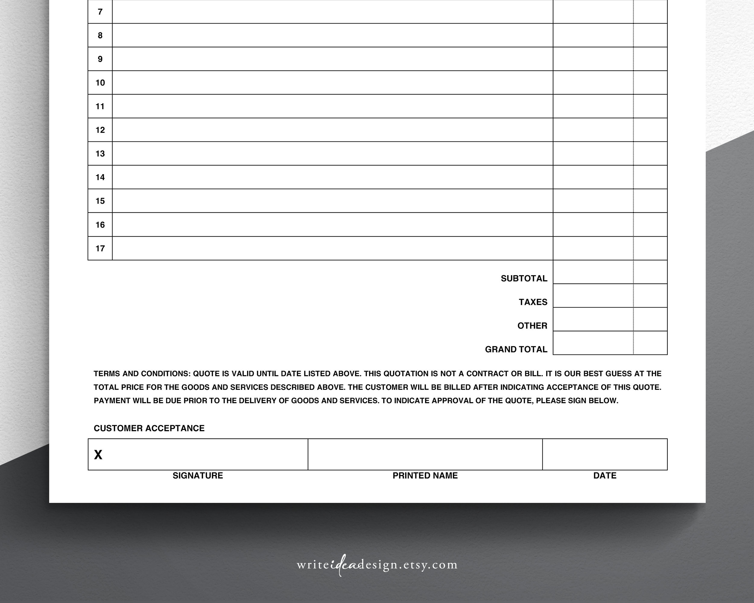 Printable Quote Template. Quote Form. Job Proposal Template. - Etsy