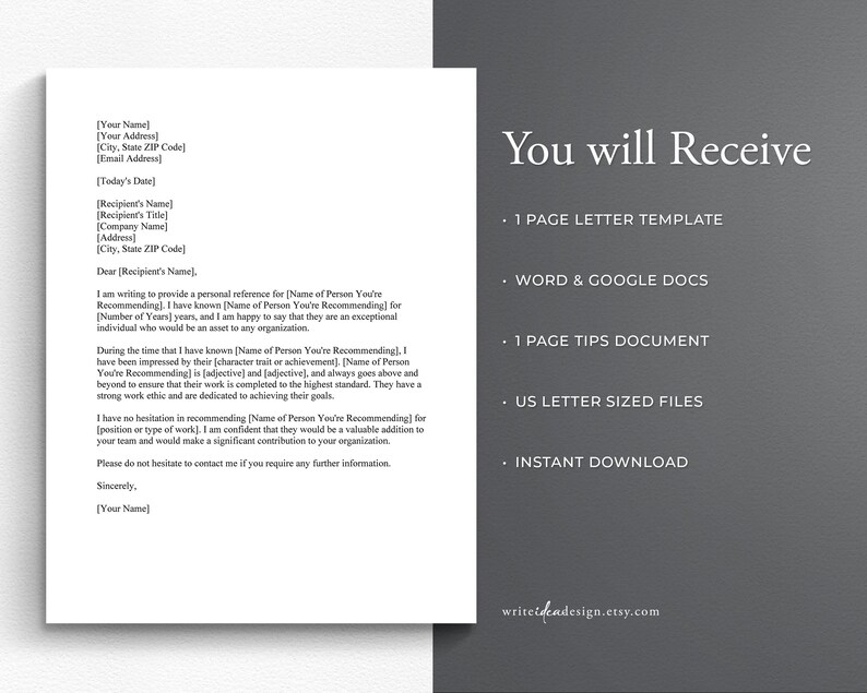 Personal Reference Letter Template. Google Docs/microsoft Word. Letter ...