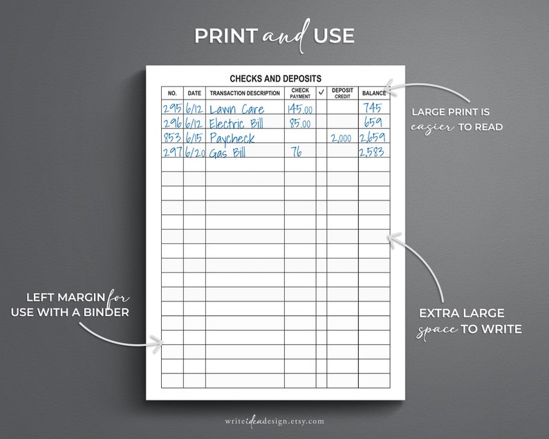 Printable Large Print Checkbook Register: US Letter Size (PDF) - Etsy