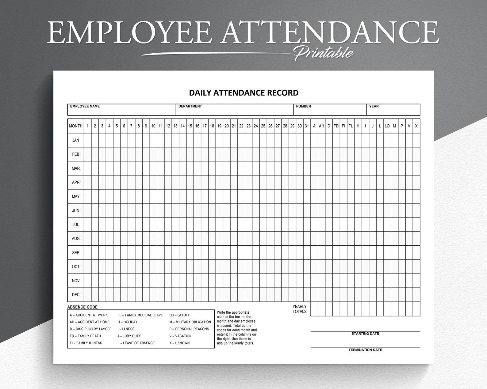 Employee Attendance Tracker: Printable Absence Log (PDF) - Etsy