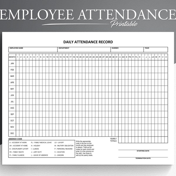 Printable Employee Attendance Template - Etsy