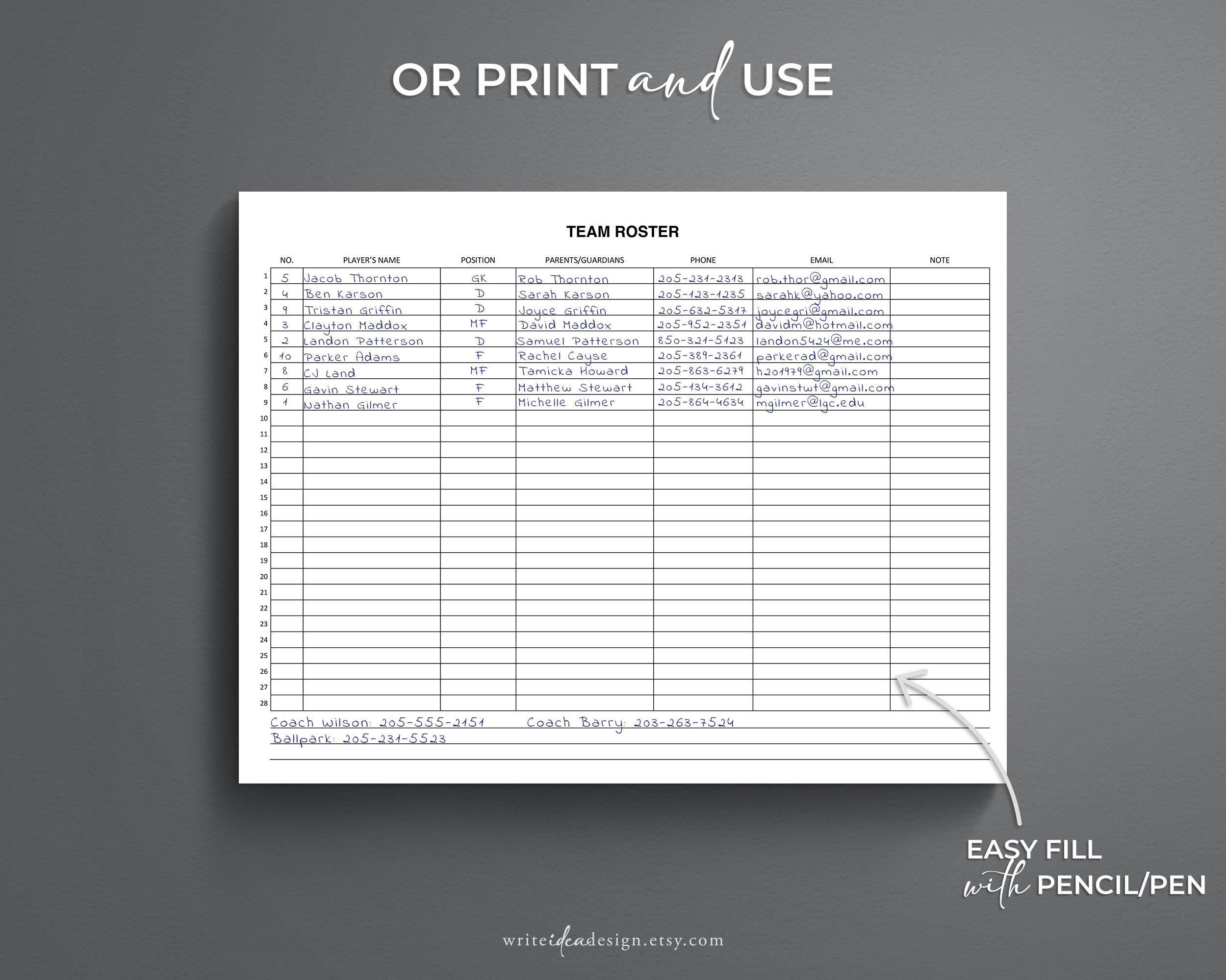 Sports Team Roster Template: Printable PDF, Google Docs, Word - Etsy