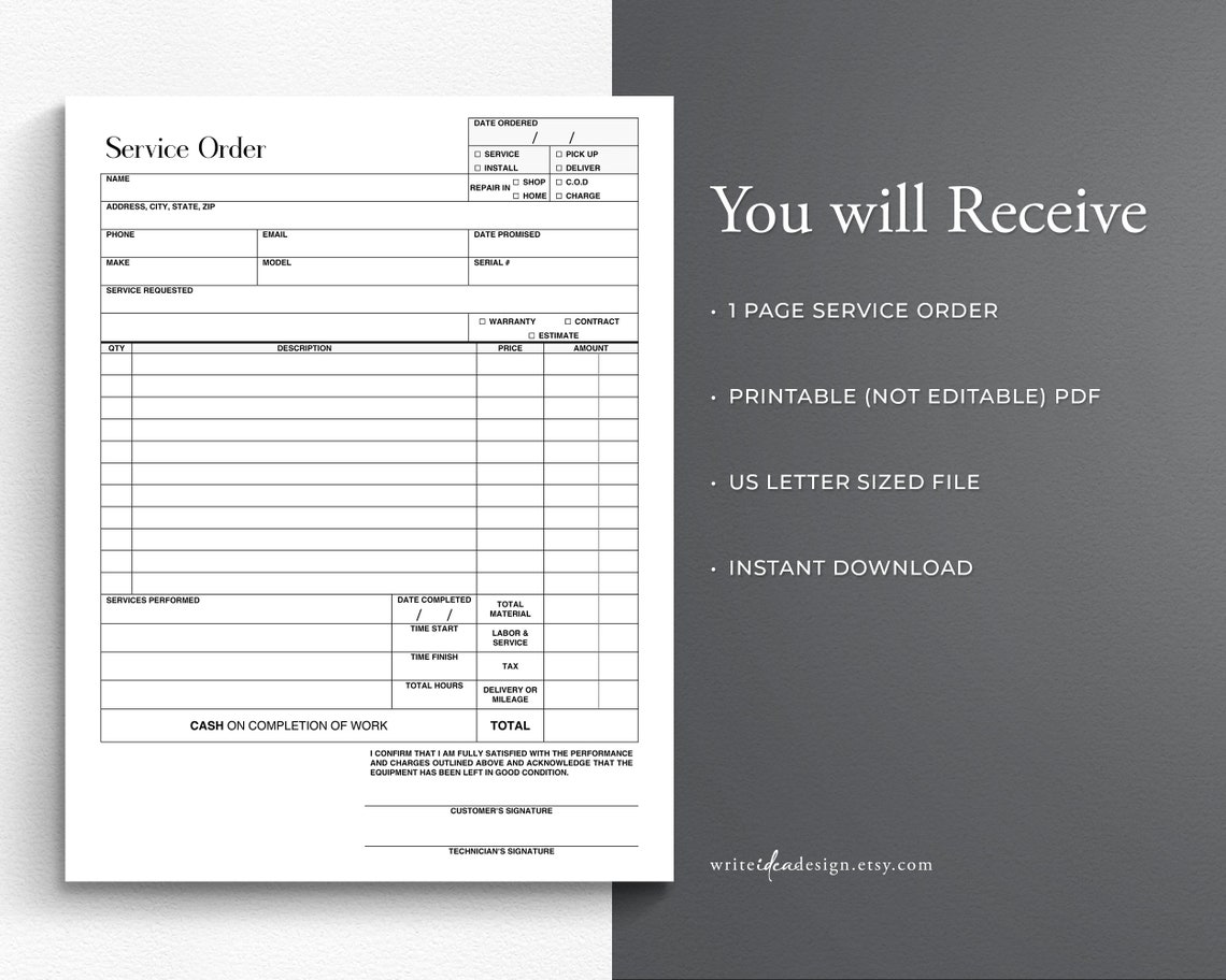 Printable Service Order Form. Business Service Order. Easy and - Etsy ...