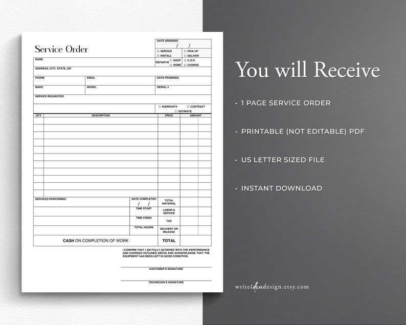 Printable Service Order Form: Business Template (8.5x11 Inch PDF ...