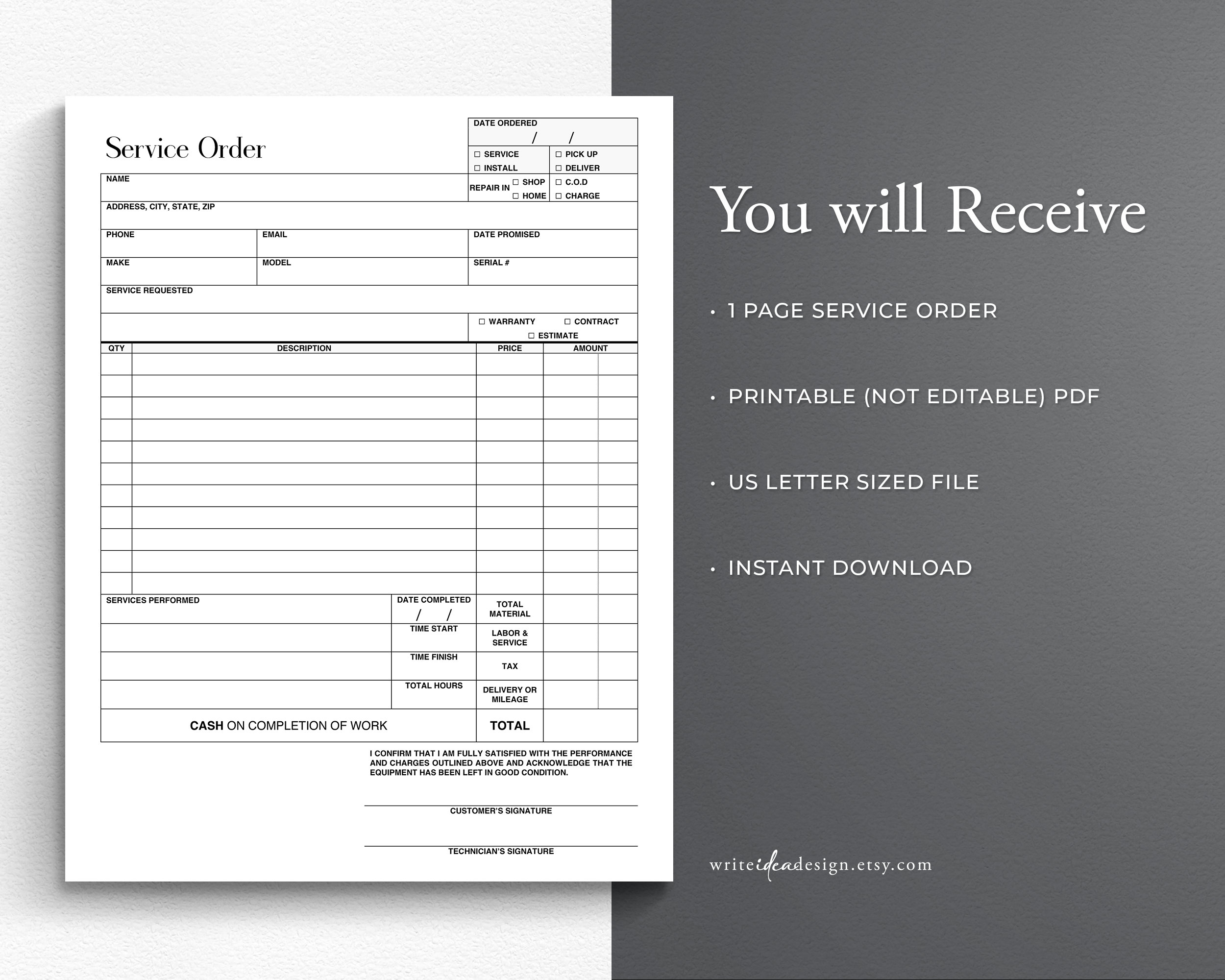 Printable Service Order Form: Business Template (8.5x11 Inch PDF) - Etsy