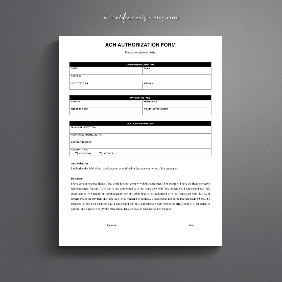 ACH Authorization Form Template - Debit Authorization for Payment ...