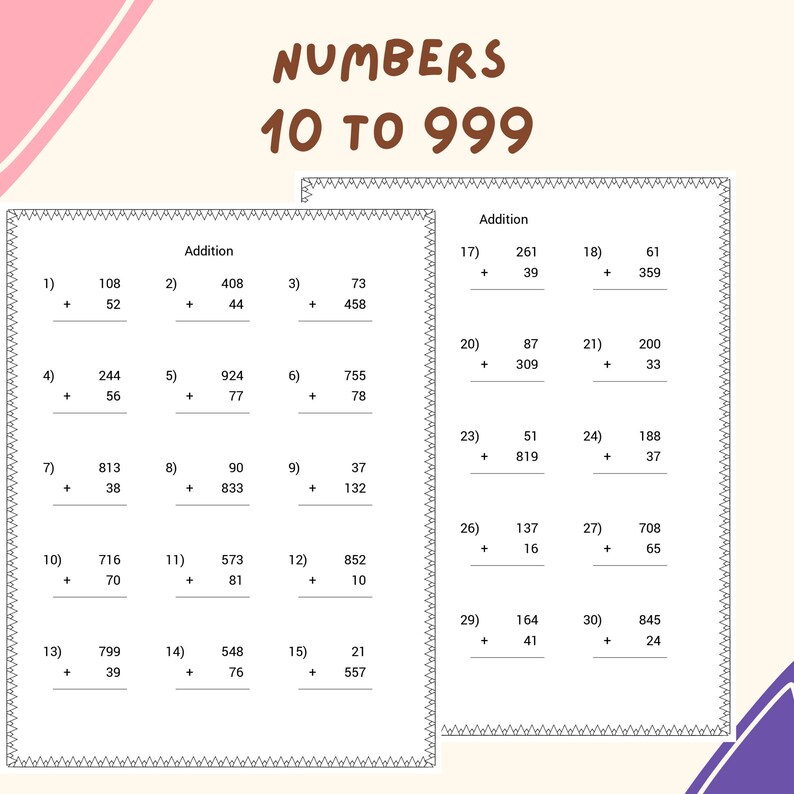 20 Pages of Addition Worksheets. | Numbers 10-999 | A Total of 300 ...