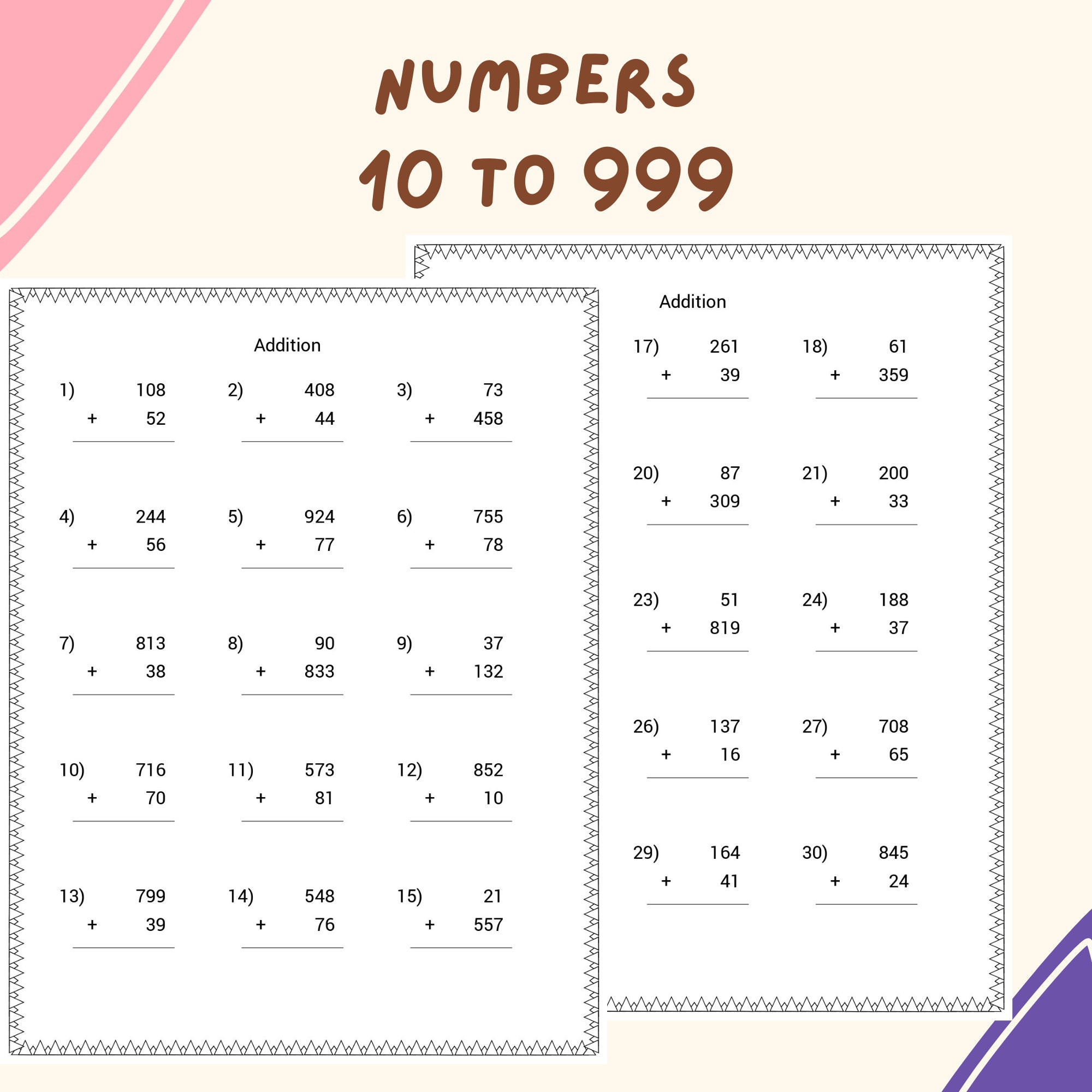 20 Pages of Addition Worksheets. Numbers 10-999 A Total of 300 Practice ...