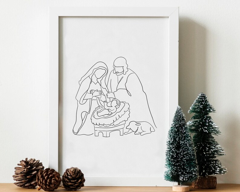 Nativity Scene Line Art Print: Minimalist Christmas Decor, Catholic ...