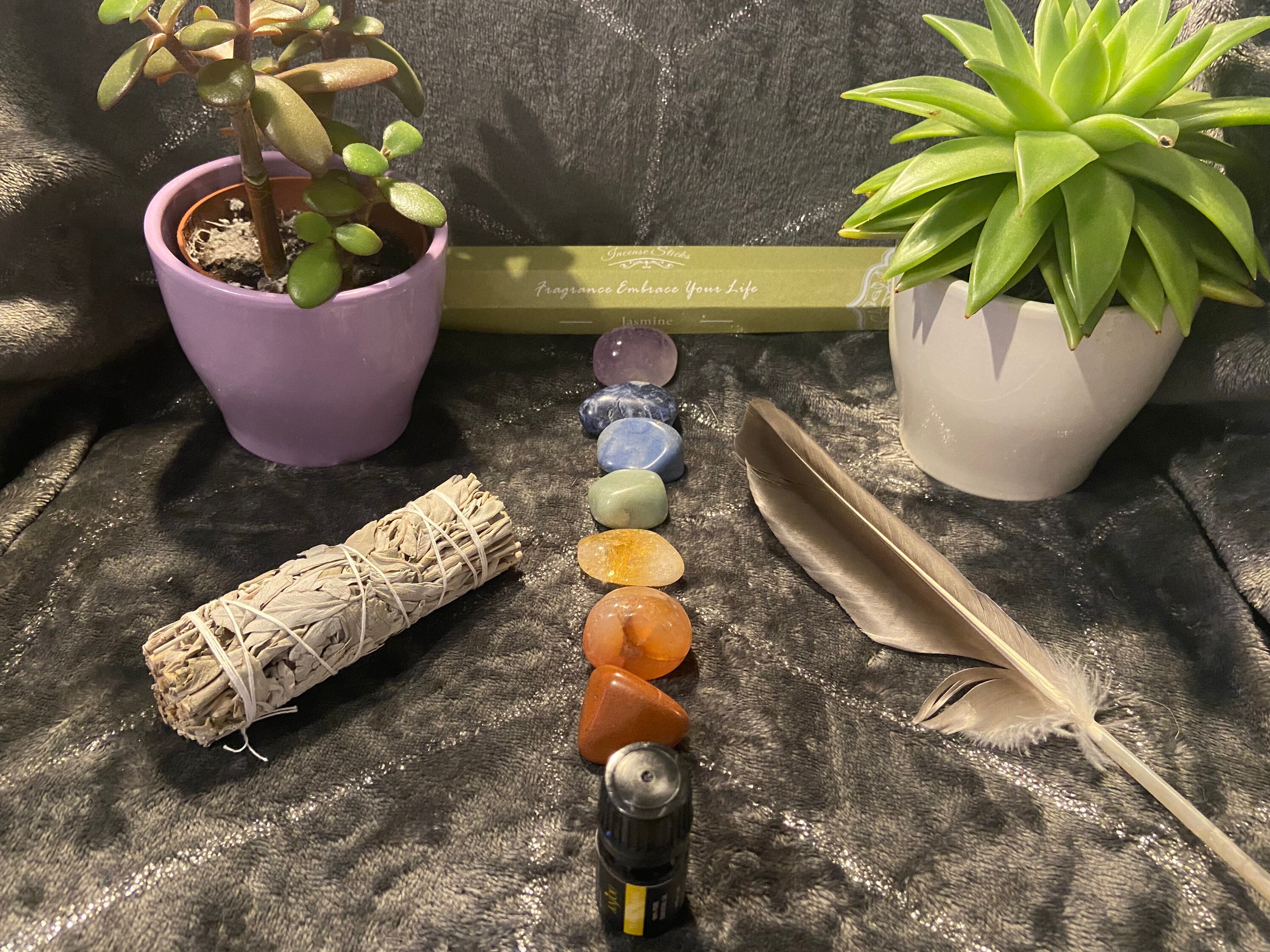 Complete Natural Chakra Tumble Stone Kit With Sage , a Smudging Feather ...