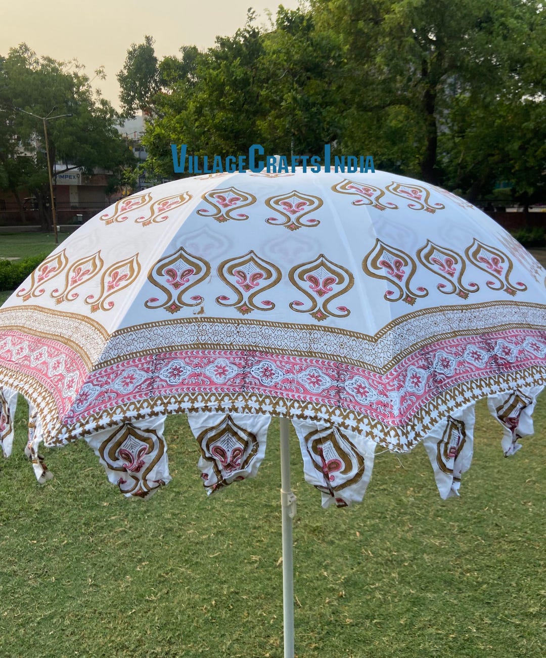 Hand Block Printed Cotton Umbrella: Bohemian Patio Garden Parasol Pink ...