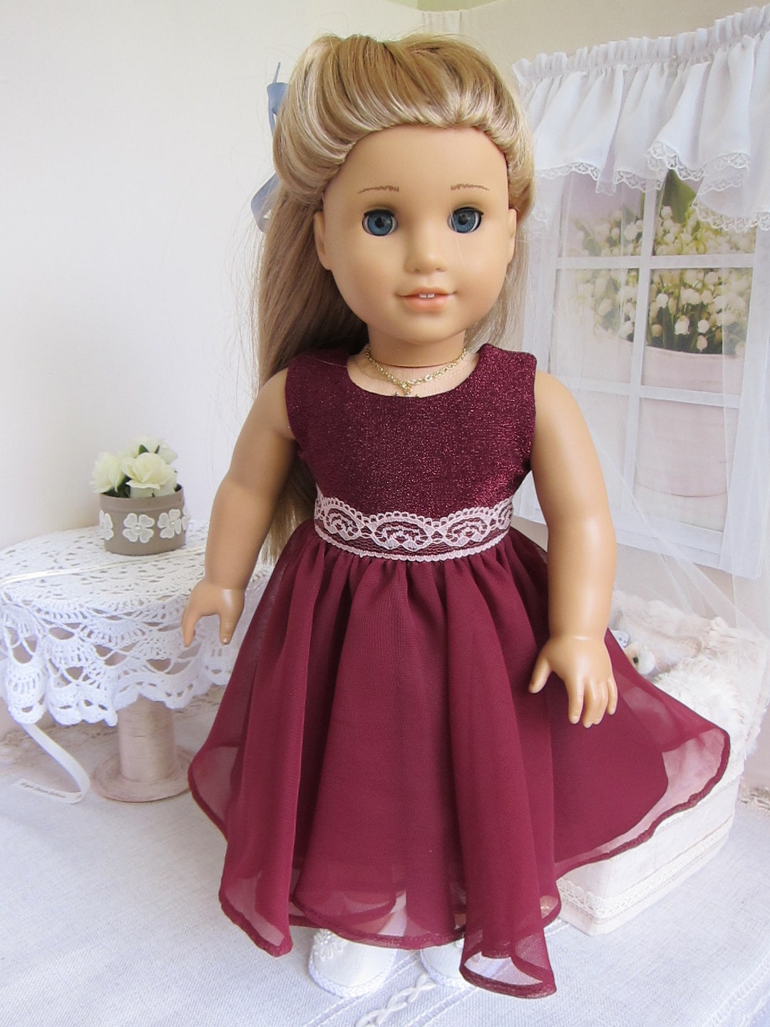 Doll Dress for American Girl Doll. Maroon Silk, Lurex Stretch Classic ...