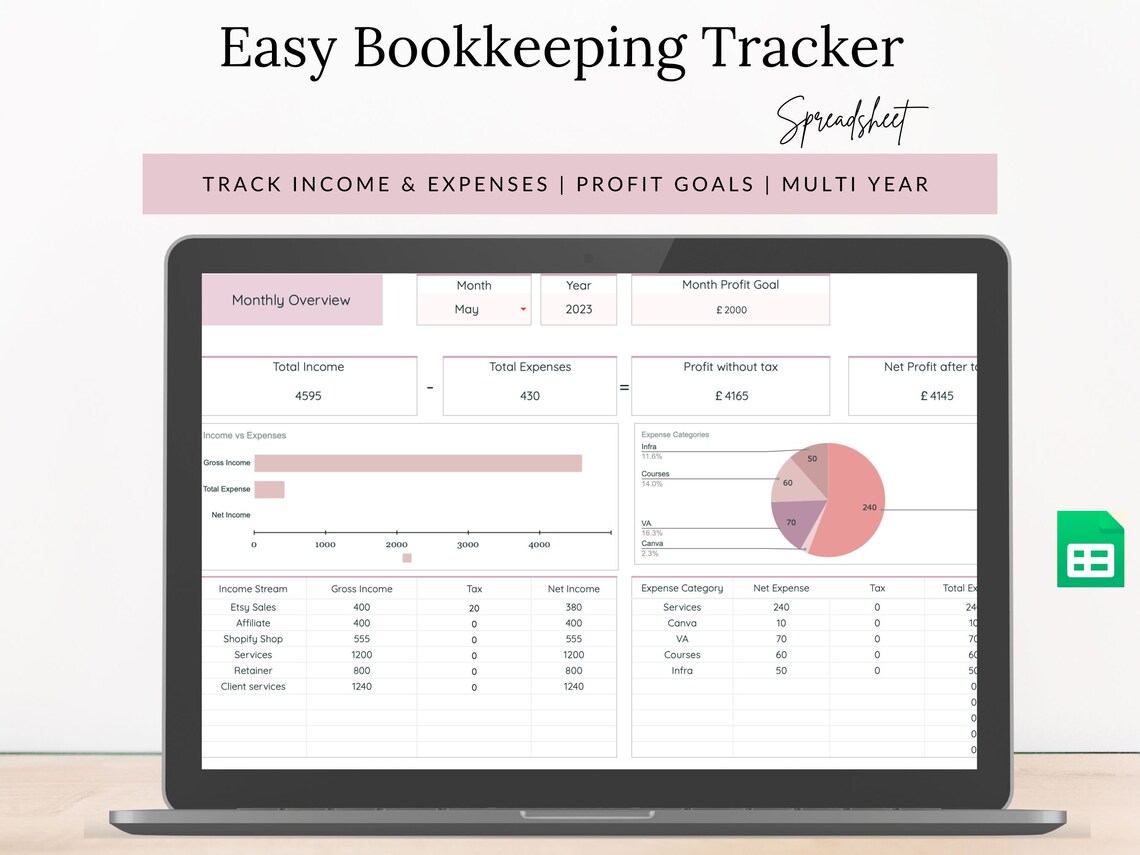 Easy Bookkeeping Spreadsheet Tracker for Google Sheets, Income and ...