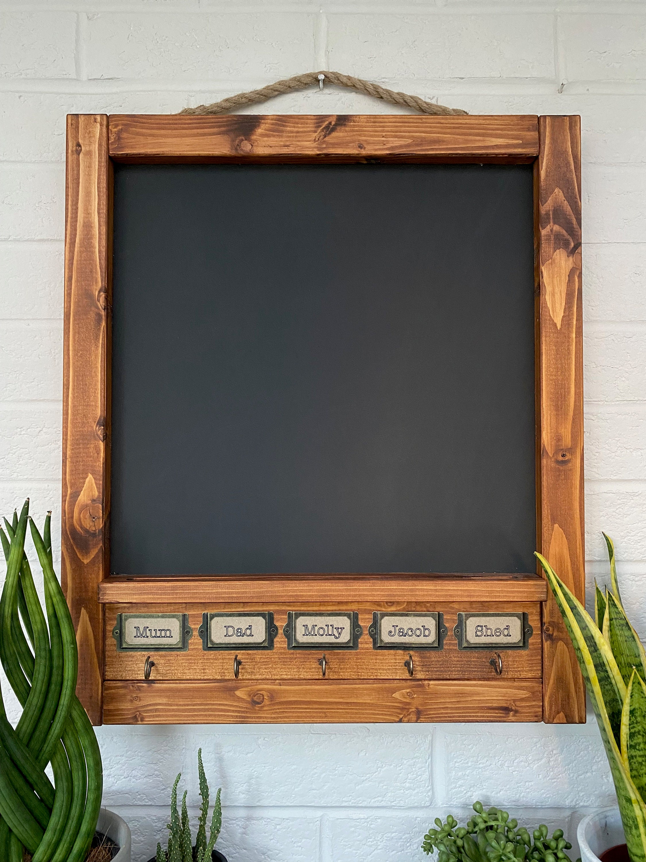 Personalised Chalkboard With Key Hooks - Solid Wood Frame in Dark ...