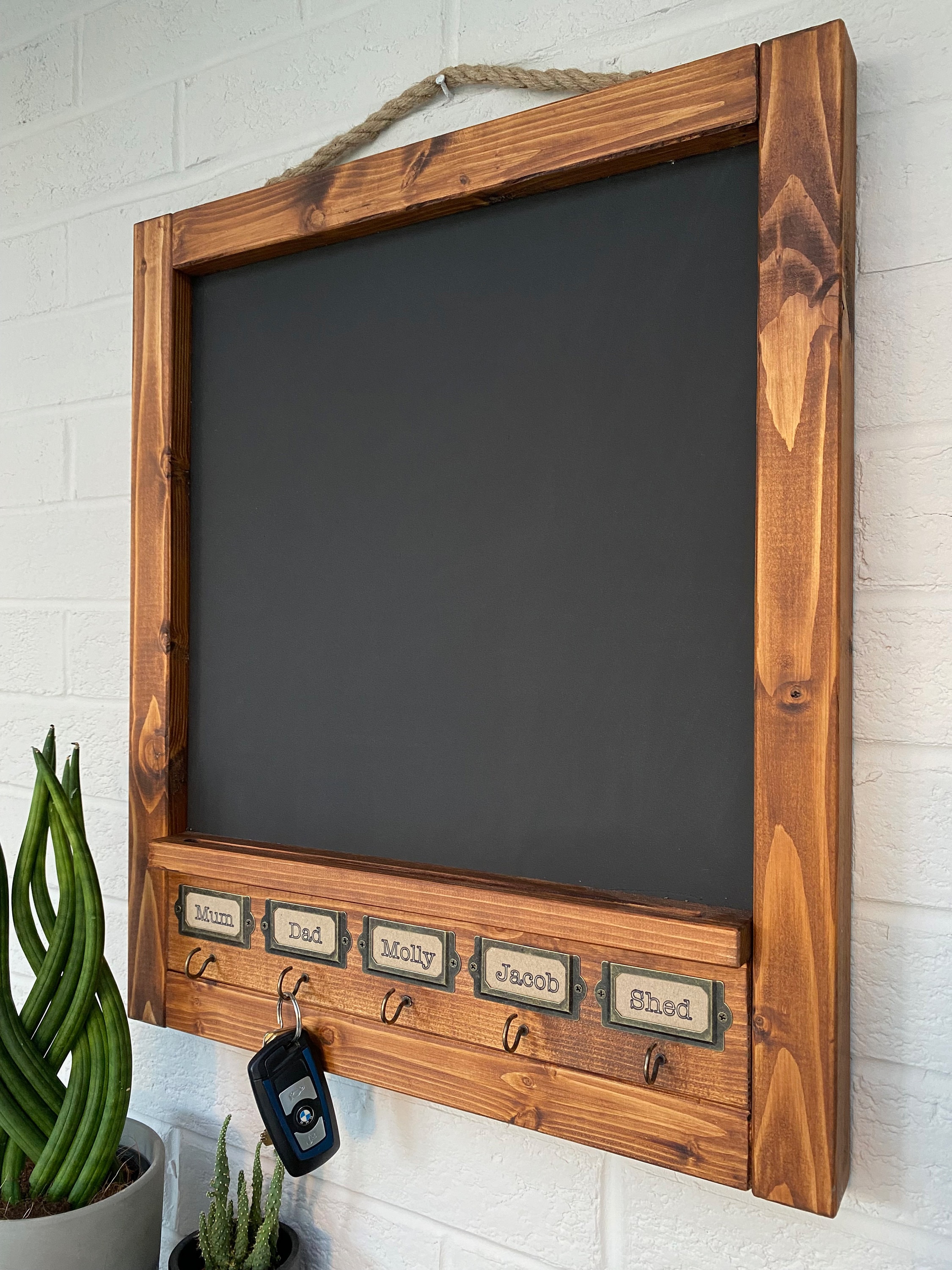 Personalised Chalkboard With Key Hooks - Solid Wood Frame in Dark ...