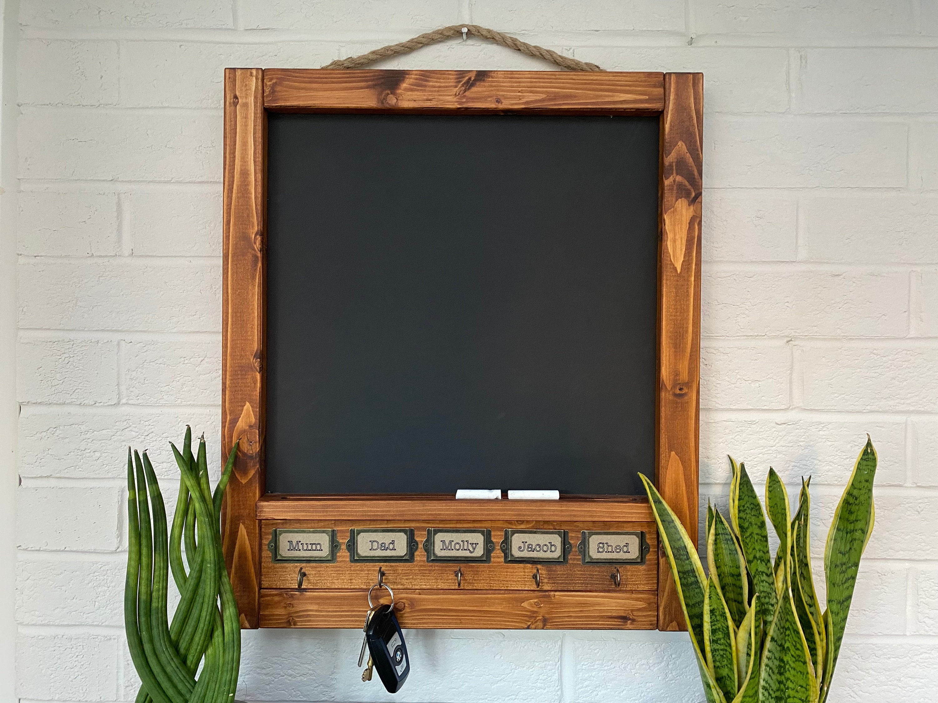 Personalised Chalkboard With Key Hooks - Solid Wood Frame in Dark ...