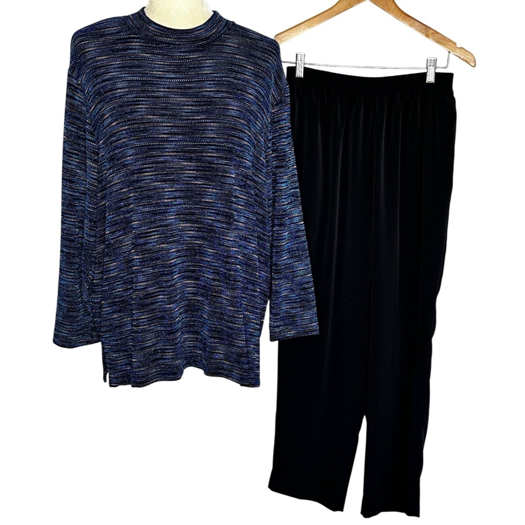 Vintage Bon Worth Pant Set Medium Metallic Knit Blue Black Two Piece ...