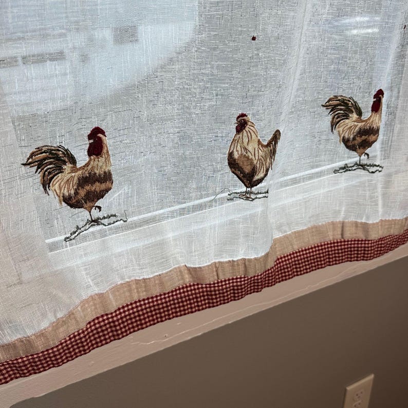 Rooster Café Curtain Set Cottage Kitchen Sheer Panels Farmhouse Valance ...