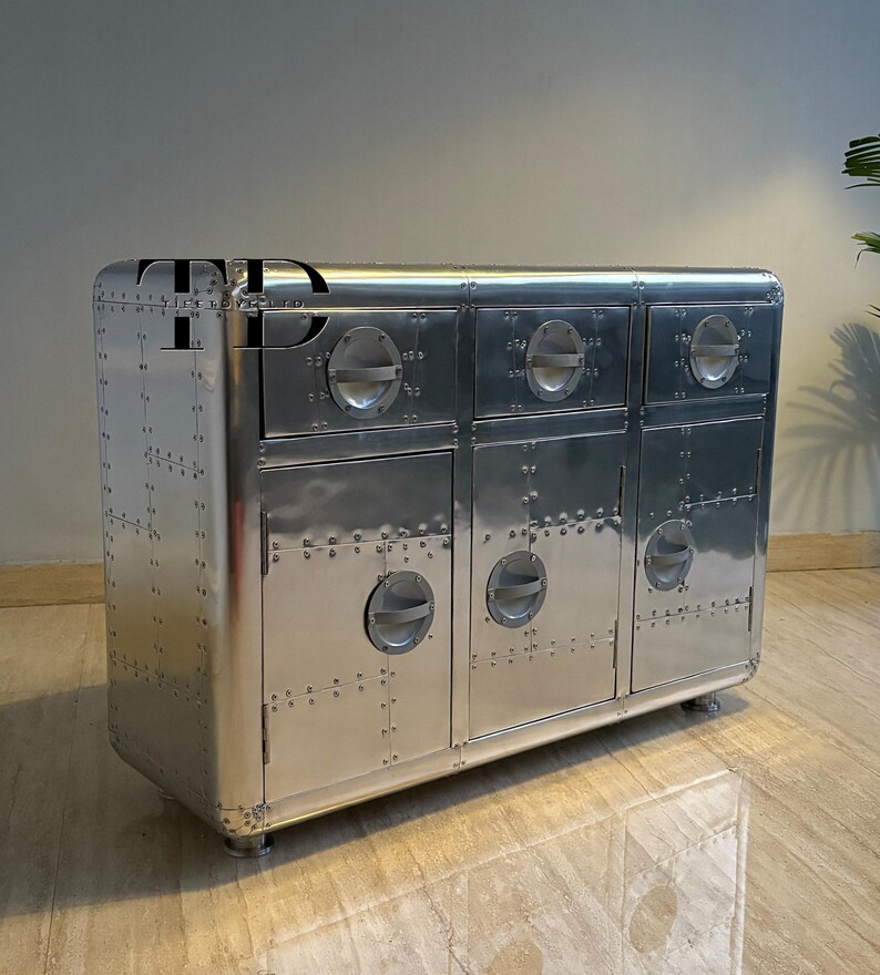 Tieetdye Aviator Trunk Cabinet Vintage Aluminum Sideboard With Hidden ...