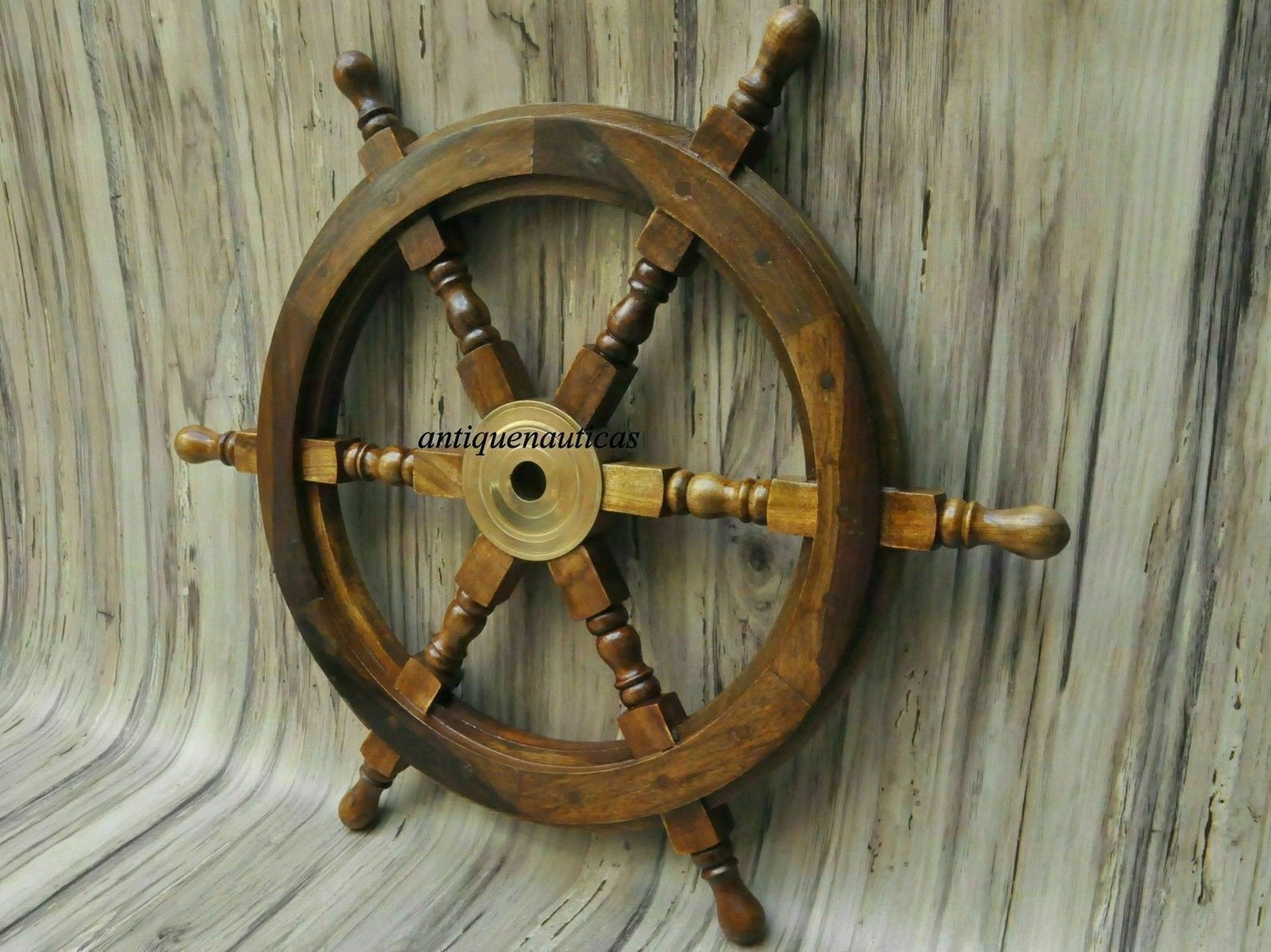 18"nautical Wooden Ship Steering Wheel Pirate Decor Wood Brass Fishing ...