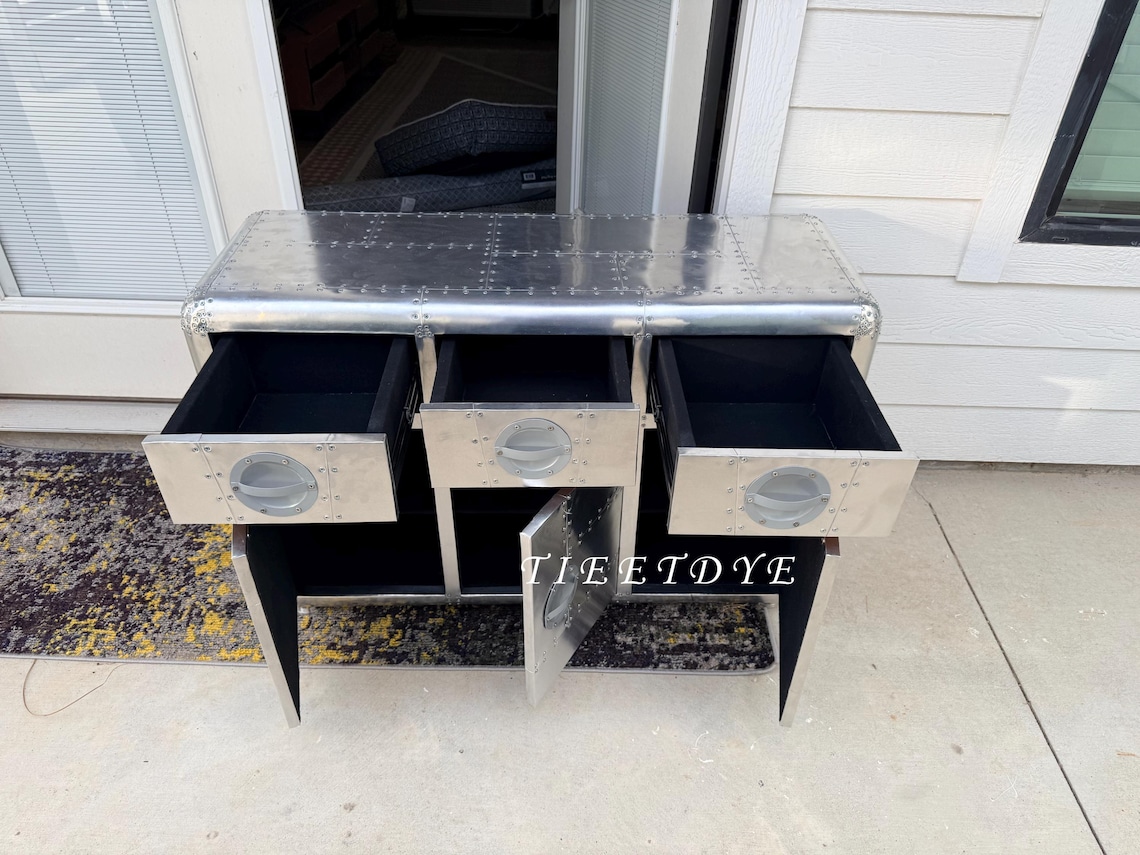 Tieetdye Aviator Trunk Cabinet Vintage Aluminum Sideboard With Hidden ...