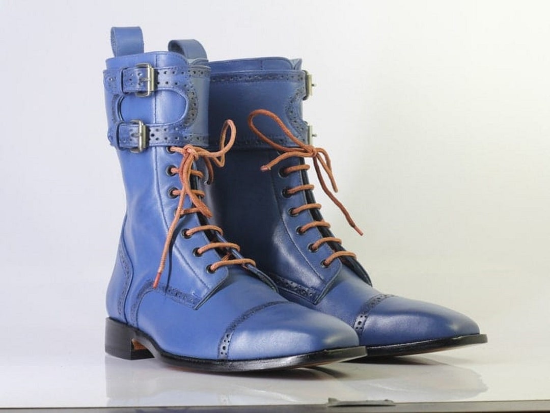 Men Pure Handmade Blue Colour Leather Ankle High Double Buckle Lace up ...