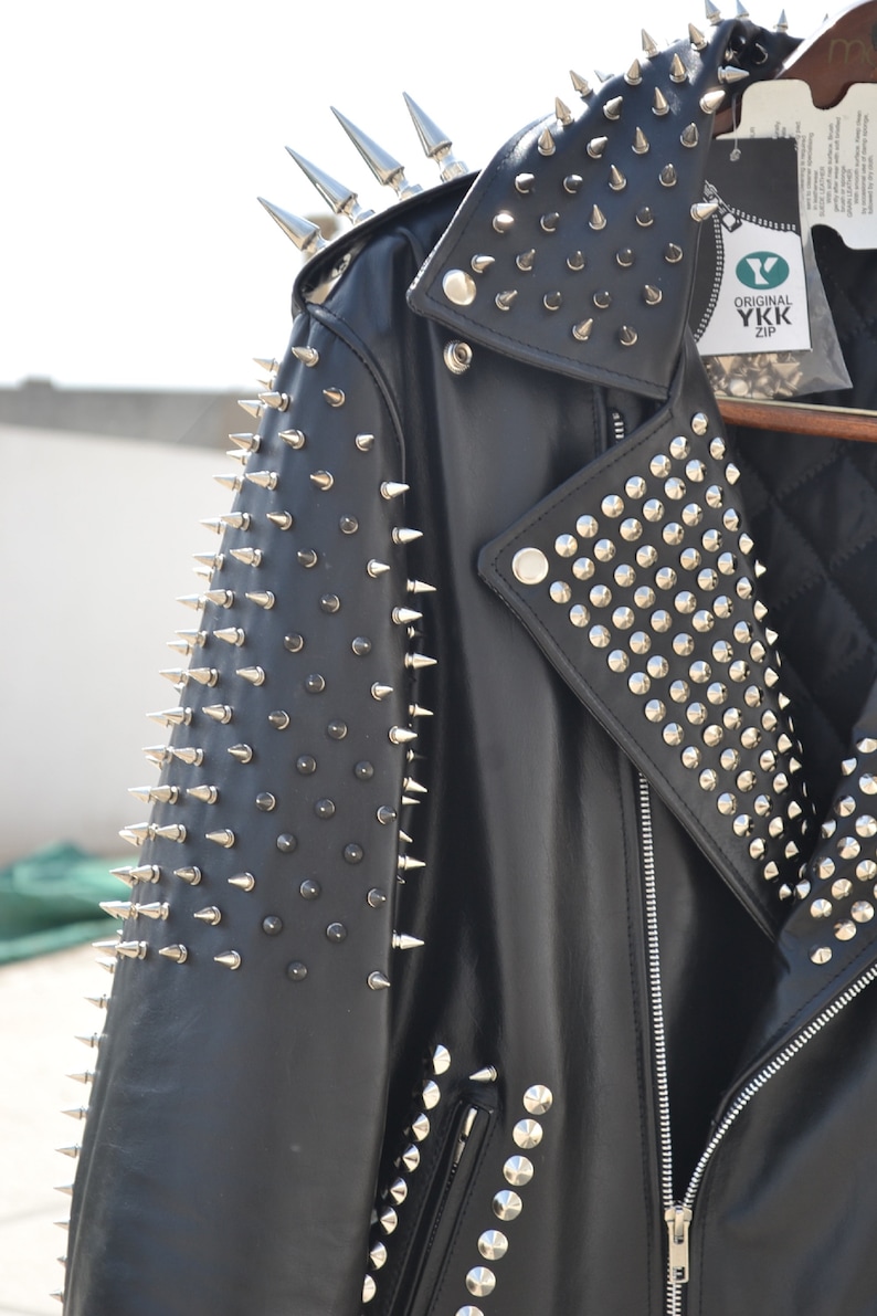 Unisex Stylish Fashion Black Punk Silver Long Spiked Studded Cowhide ...
