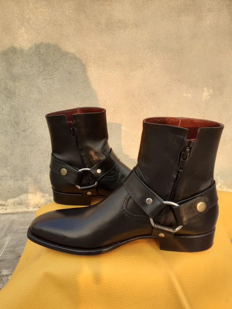 Handcrafted Men's Black Color Ankle High Chelsea Harness Side Zipper ...