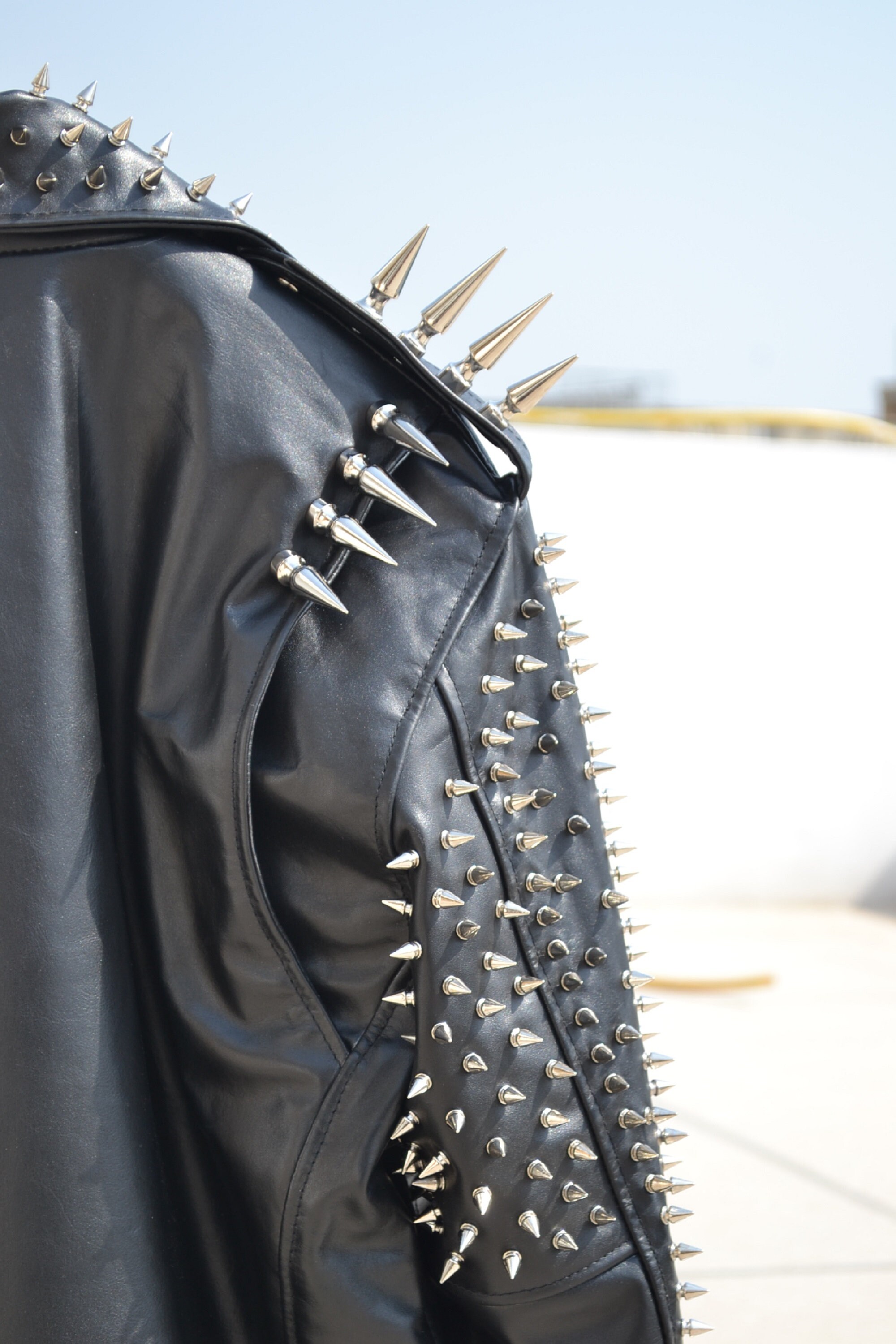 Unisex Stylish Fashion Black Punk Silver Long Spiked Studded Cowhide ...