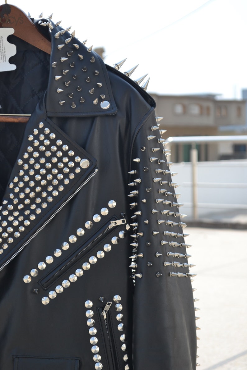 Unisex Stylish Fashion Black Punk Silver Long Spiked Studded Cowhide ...