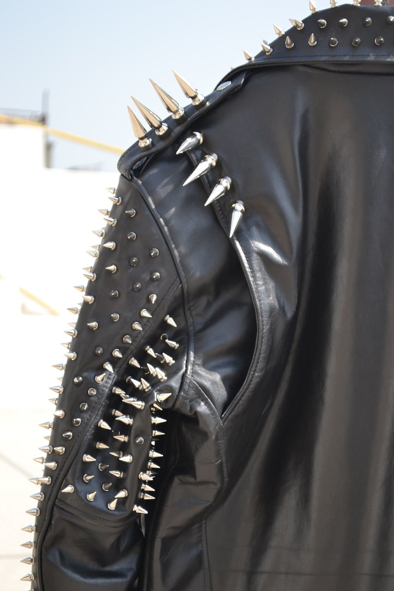 Unisex Stylish Fashion Black Punk Silver Long Spiked Studded Cowhide ...