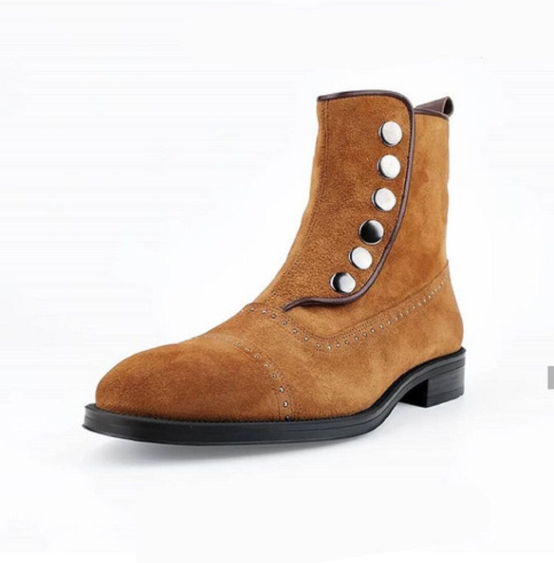New Handmade Tan Colour Button Top Leather Suede Ankle High Boots for ...