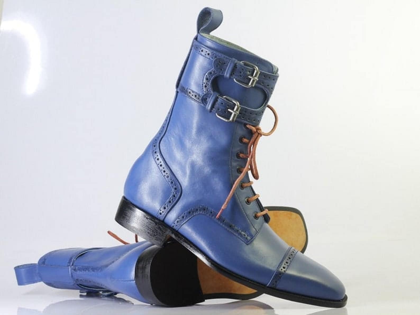 Men Pure Handmade Blue Colour Leather Ankle High Double Buckle Lace up ...